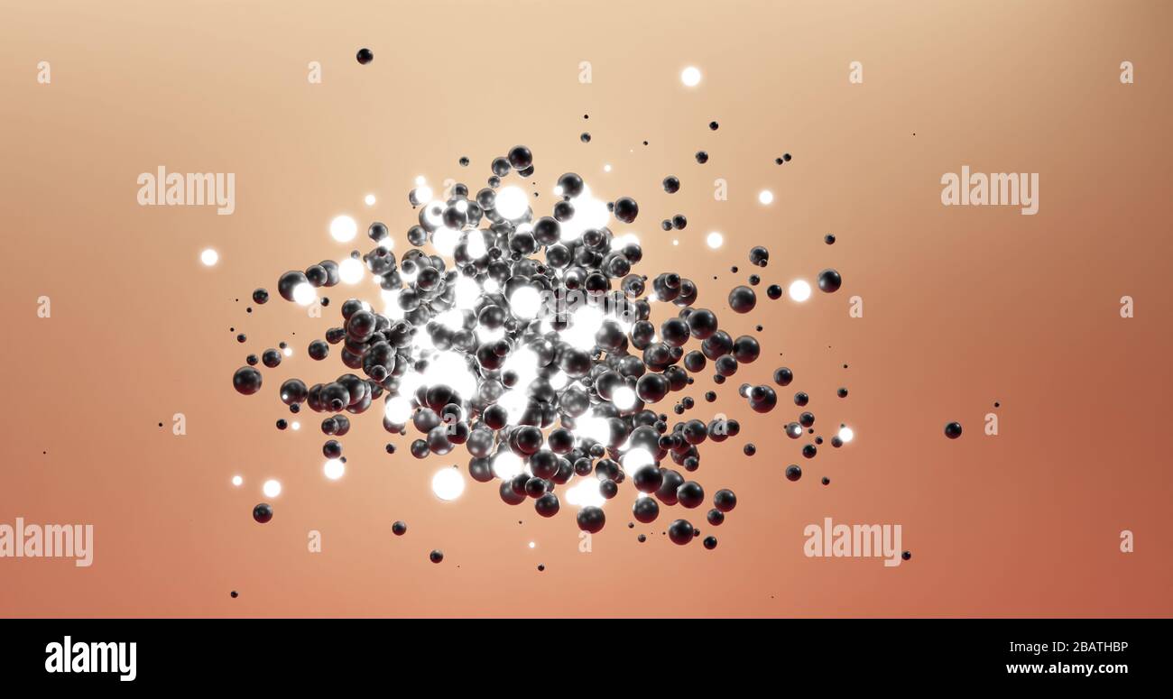 Cloud burst of 3d black and white balls and spheres glowing against tan ...