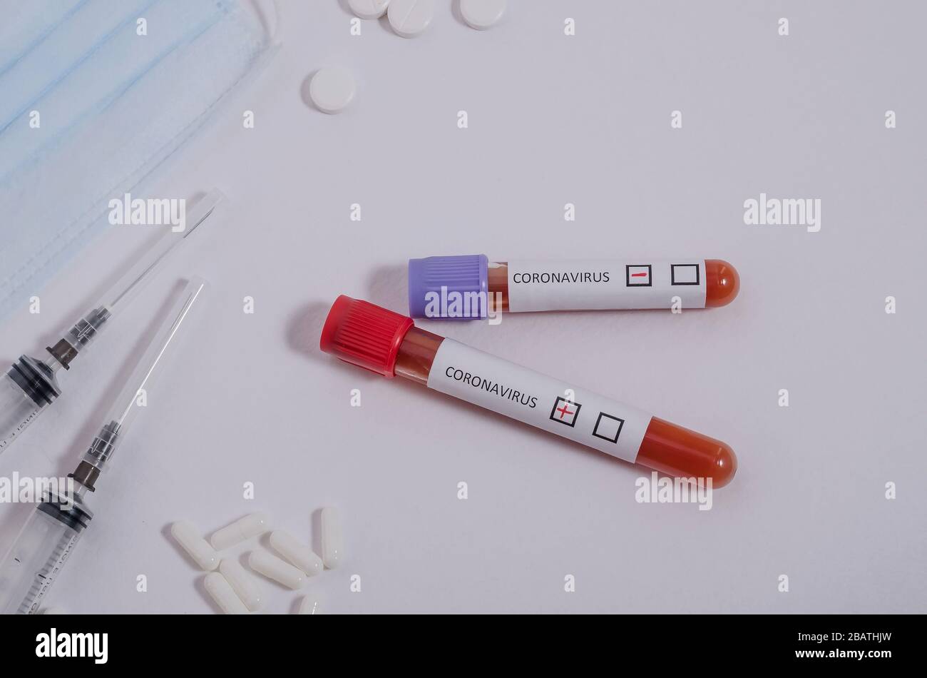 Positive and negative blood test for coronavirus, surgical medical mask ...