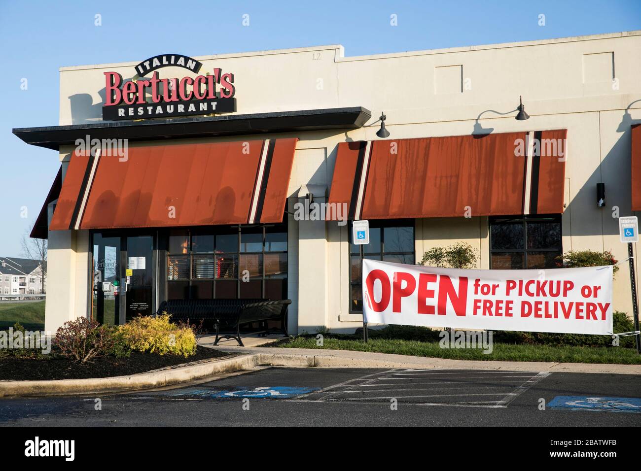 A logo sign outside of a Bertucci's restaurant location in Bel Air ...