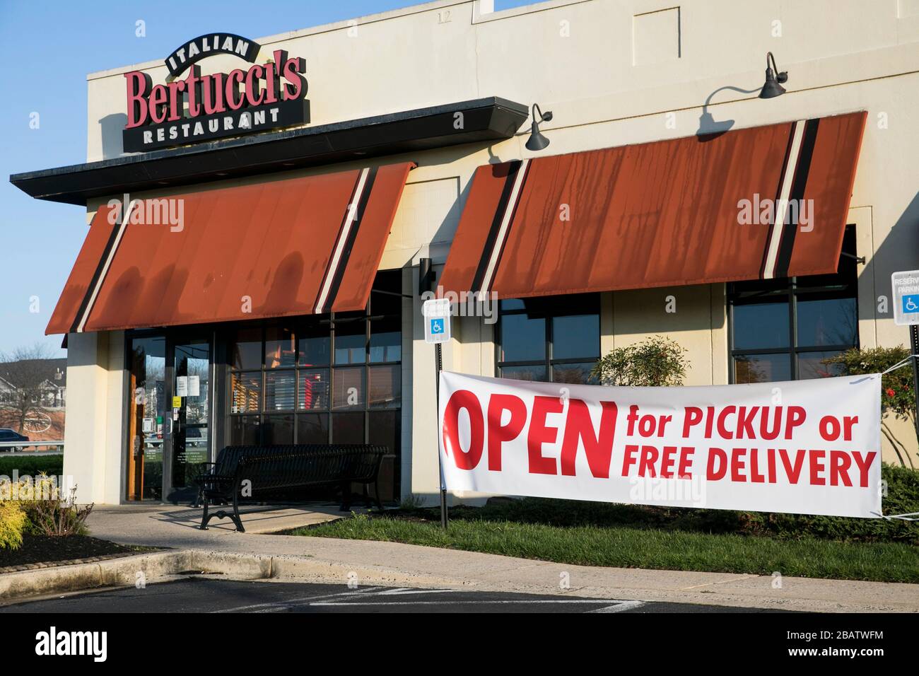 A logo sign outside of a Bertucci's restaurant location in Bel Air ...