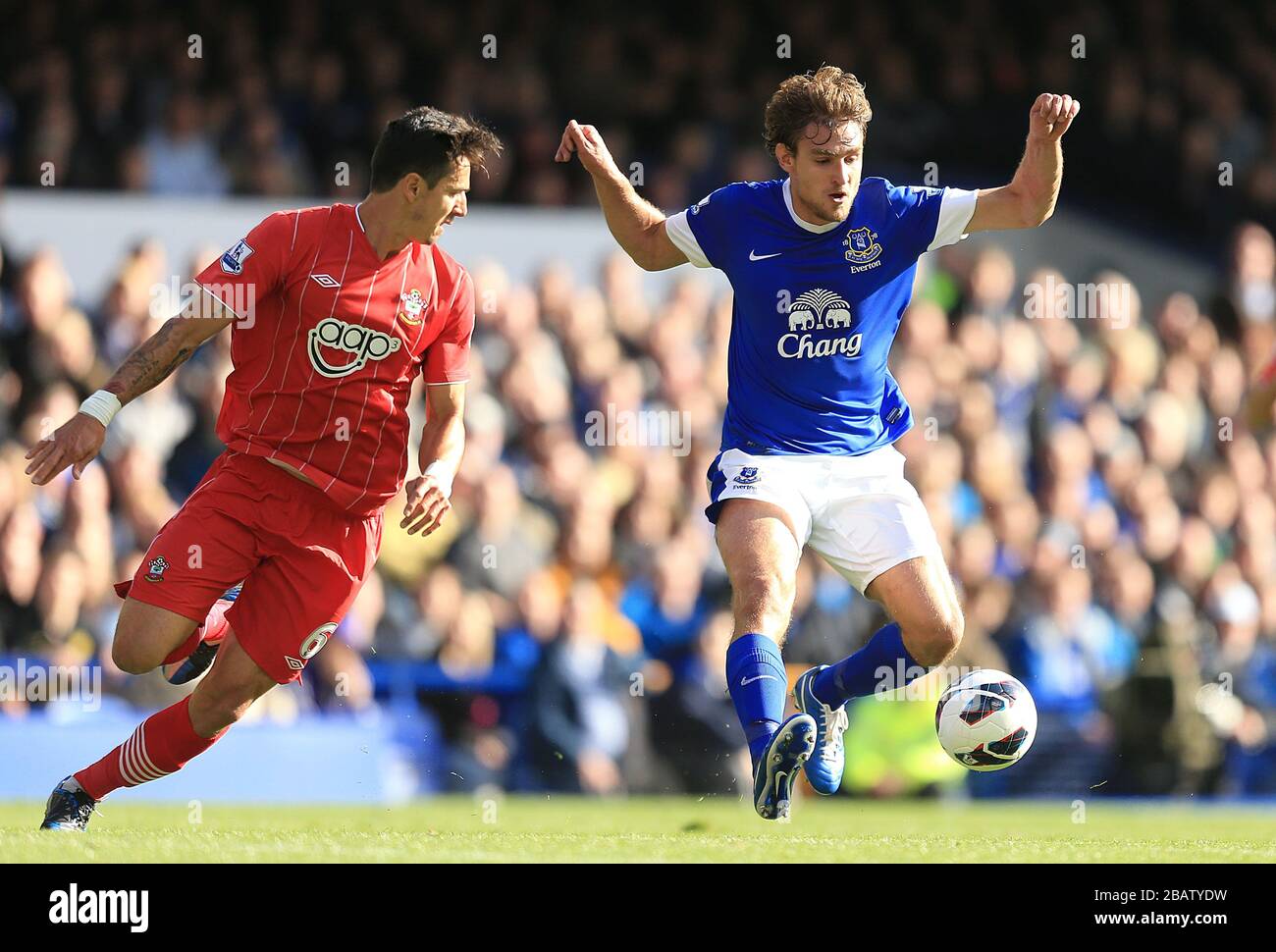 Everton's Nikica Jelavic and Southampton's Jose Fonte (left) battle for ...