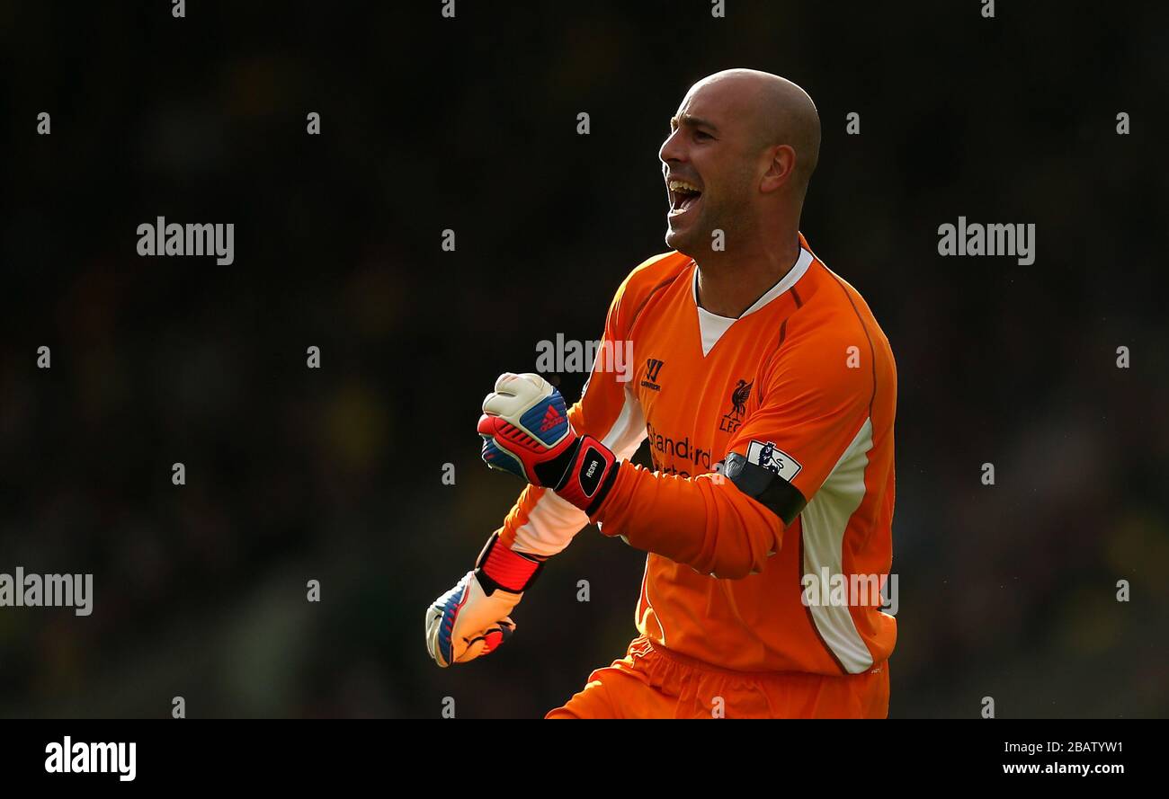 Liverpool's goalkeeper Pepe Reina celebrates his sides fourth goal ...