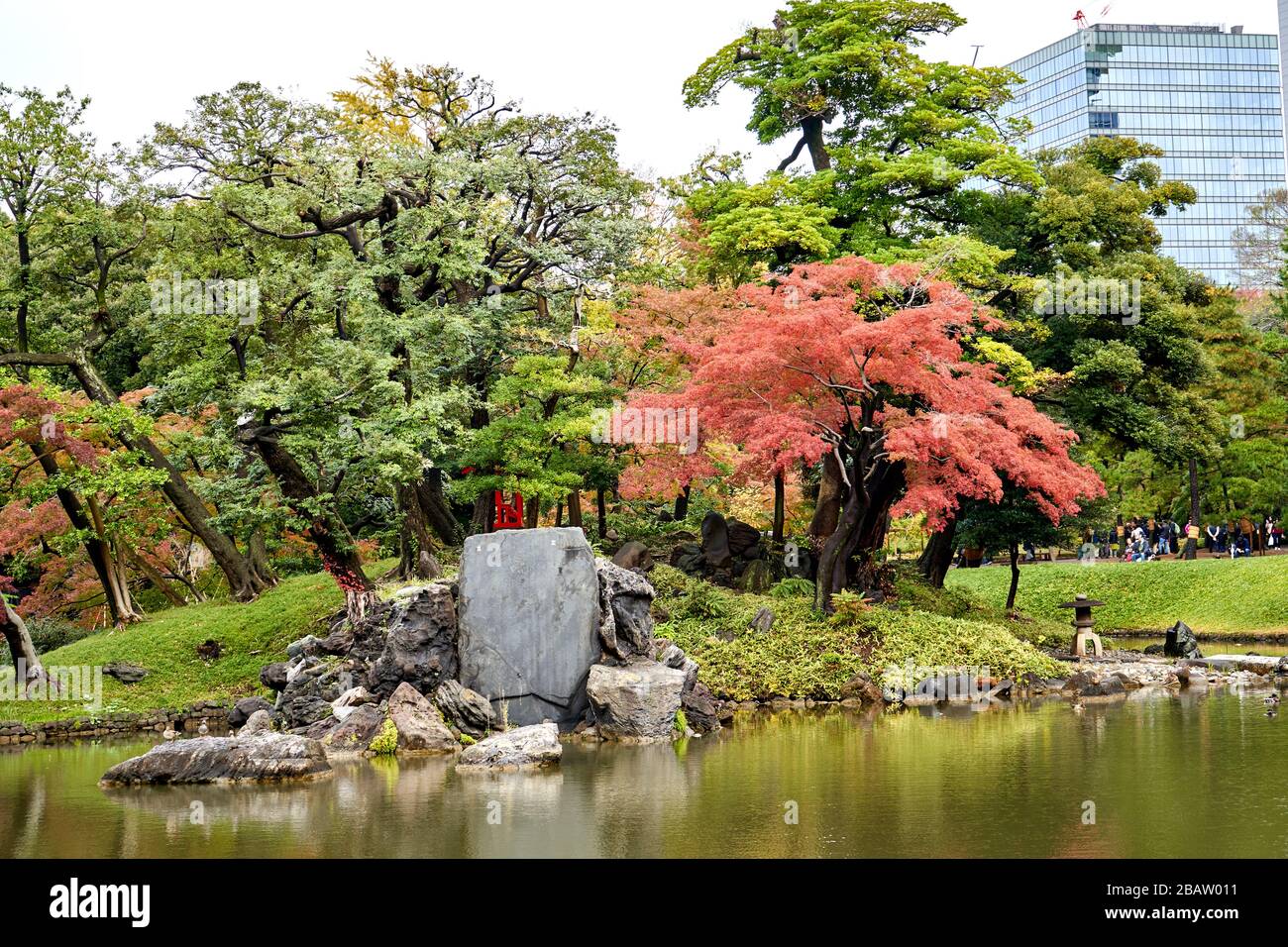 Japanese garden with pond and colorful trees Stock Photo - Alamy