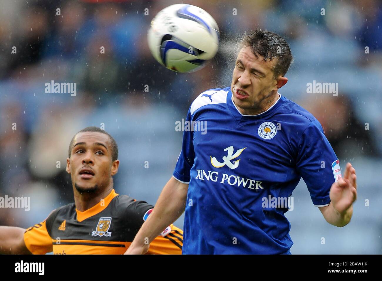 Leicester City's Sean St Ledger wins the ball above Hull City's Jay ...