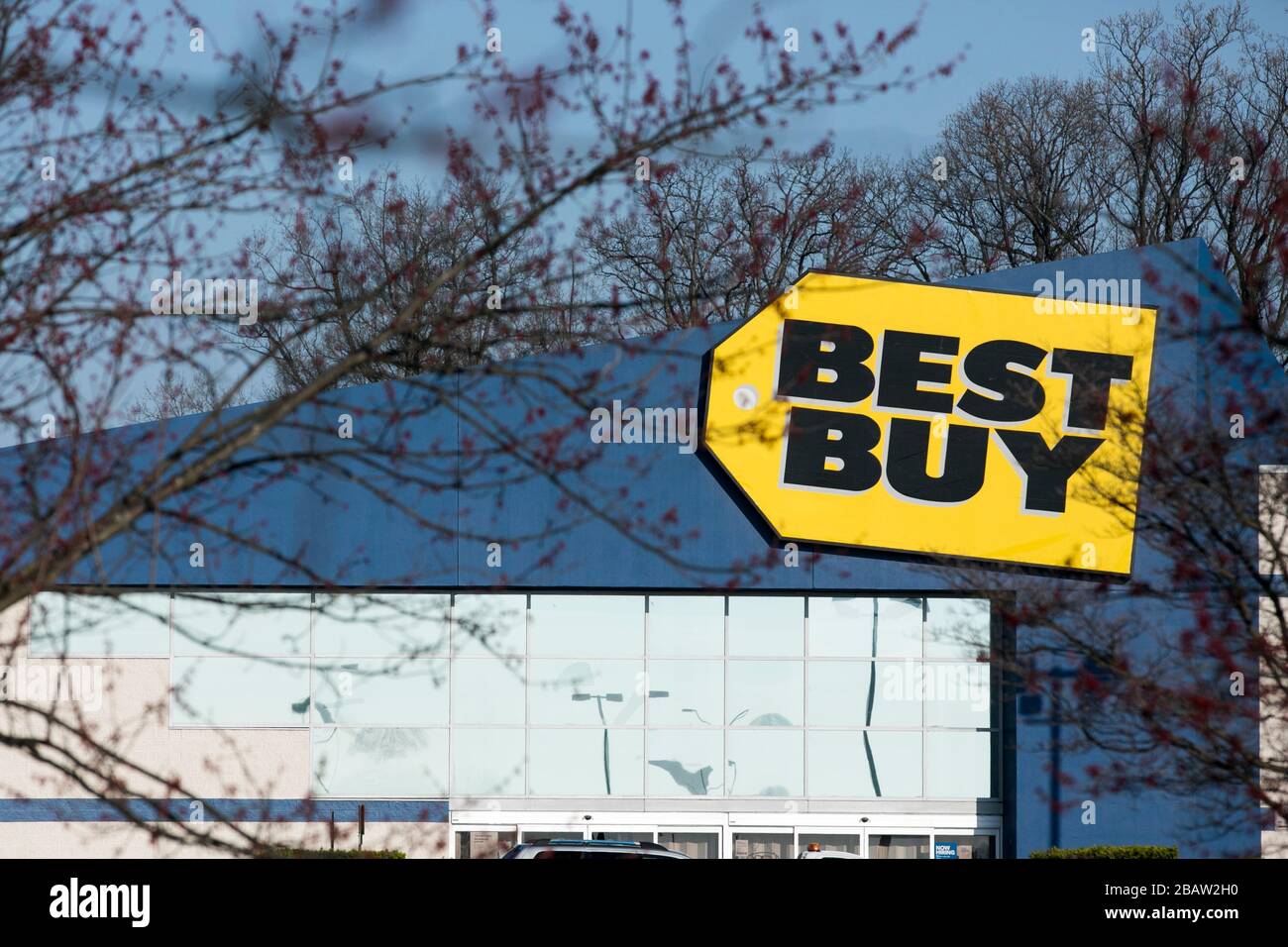 A logo sign outside of a Best Buy retail store location in Bel Air ...