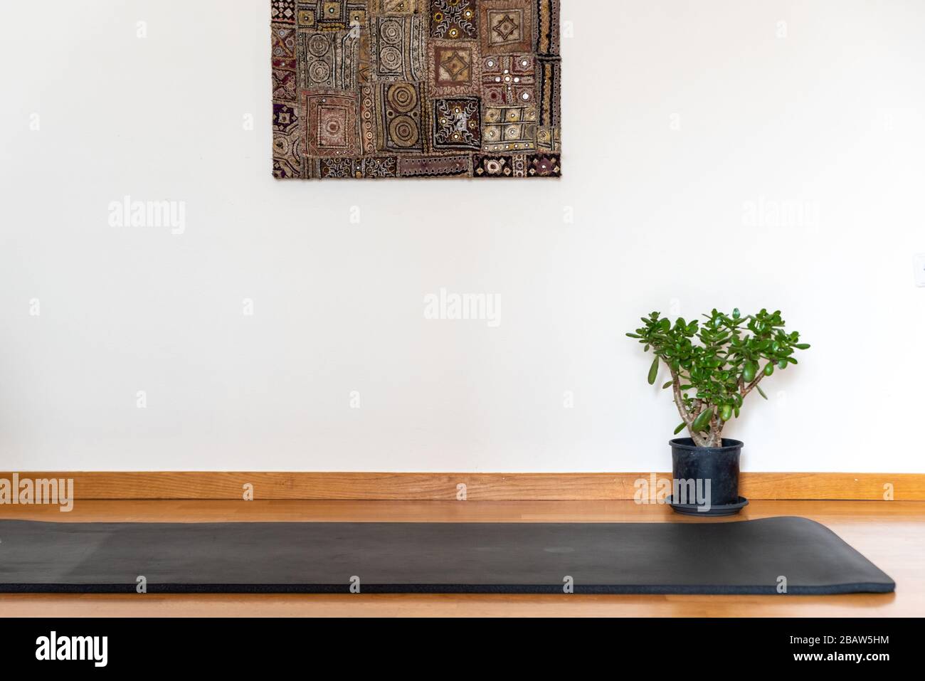 Yoga mat on wooden floor in empty room at home Stock Photo - Alamy