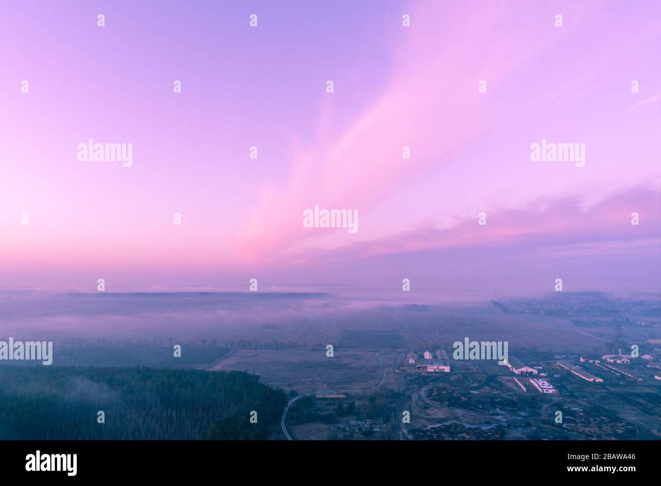 Early misty morning. Sunrise in countryside. Rural landscape in early ...