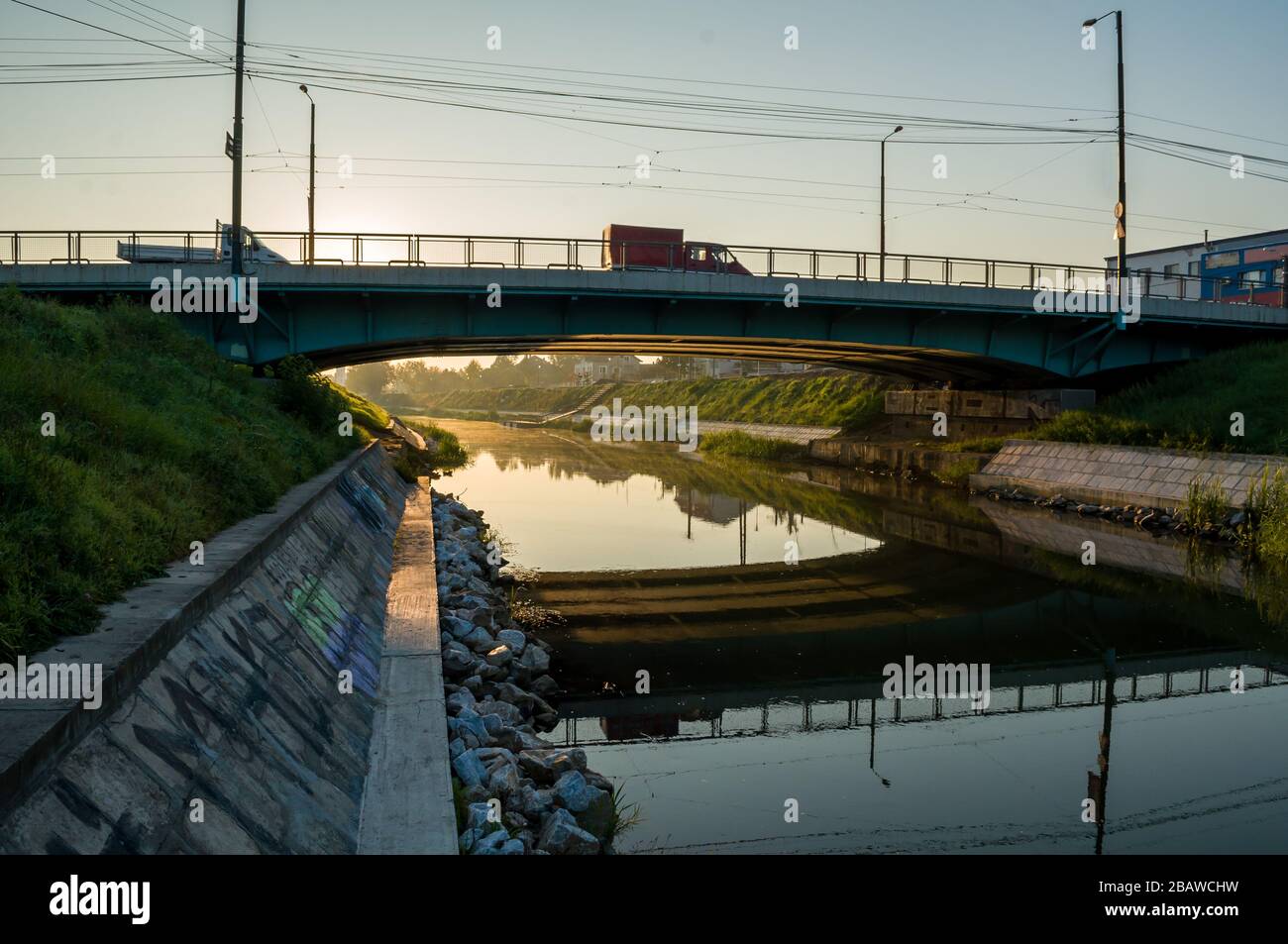 A view of the Bega river early in the morning. Sunrise in the city ...
