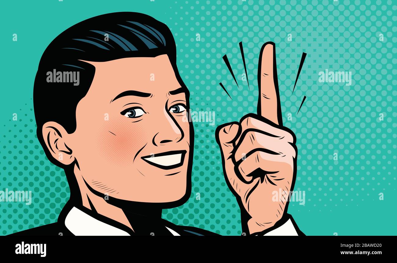 Businessman shows index finger up. Retro comic pop art vector ...