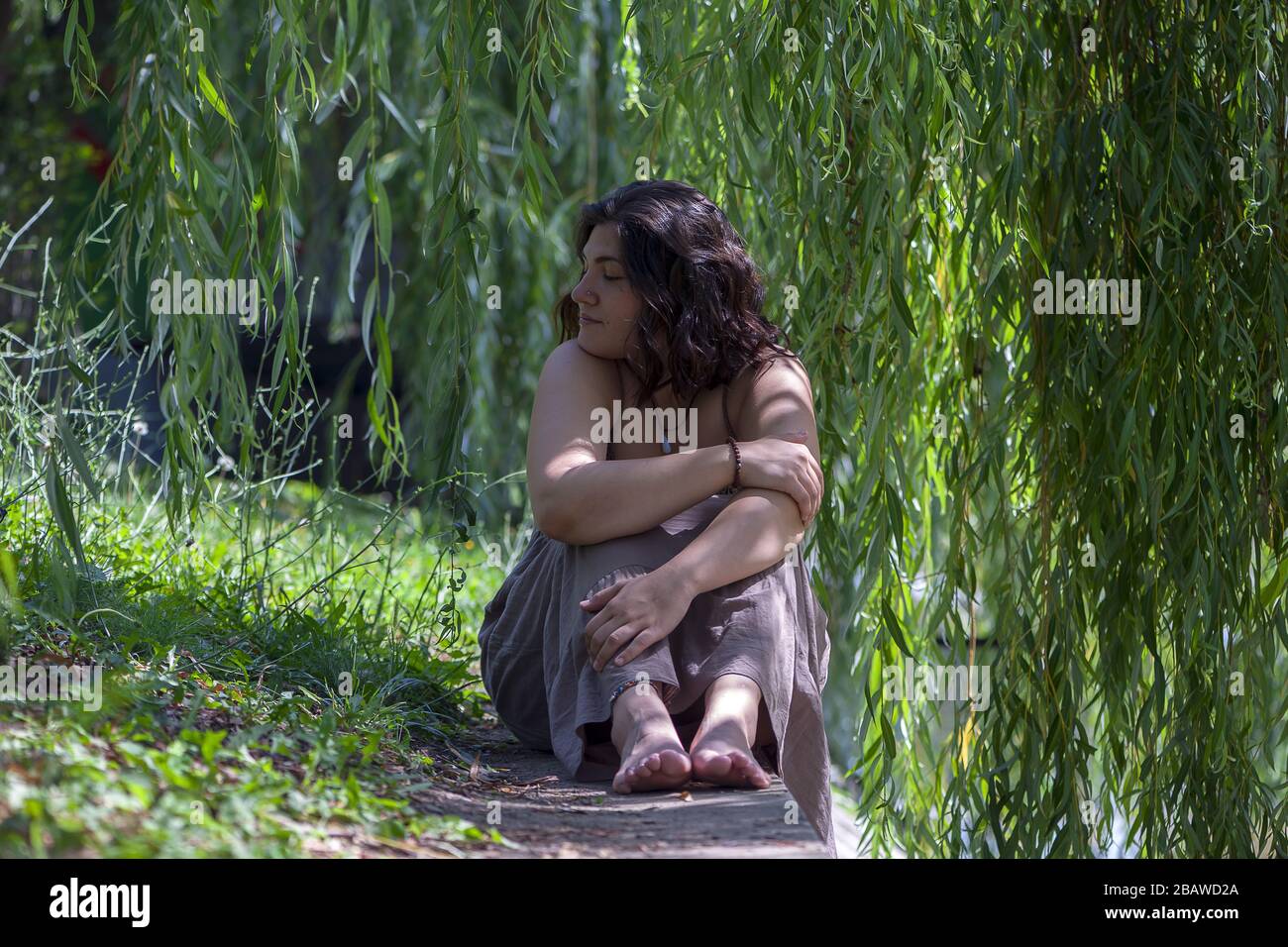 Portrait of a woman under a willow tree with green leaves Stock Photo ...