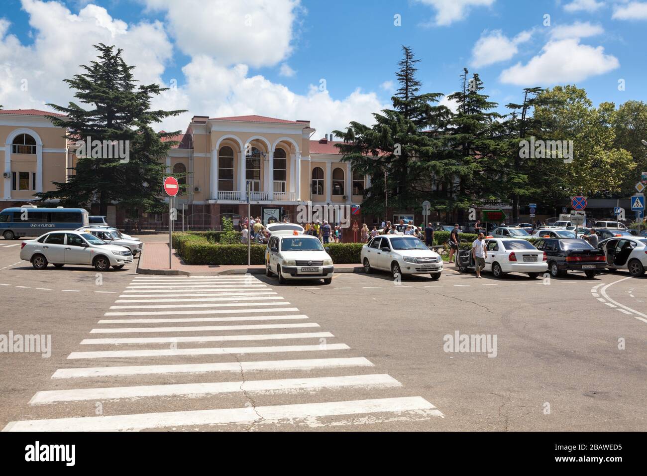 TUAPSE, RUSSIA-CIRCA JUL, 2018: Railway station forecourt is in front ...