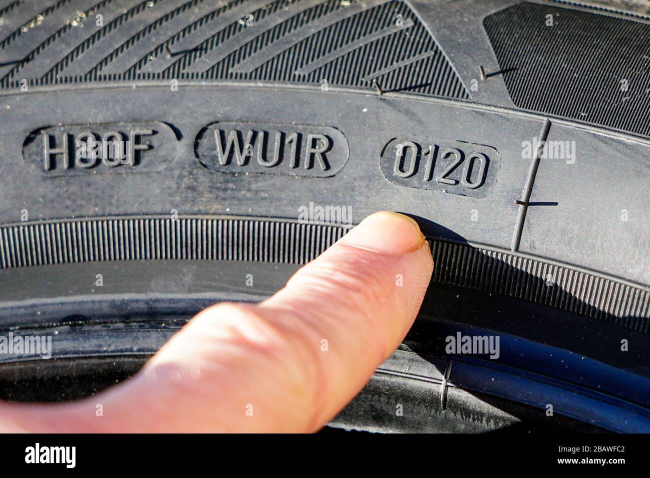 Side view of tire with designation of week and year of tire production ...