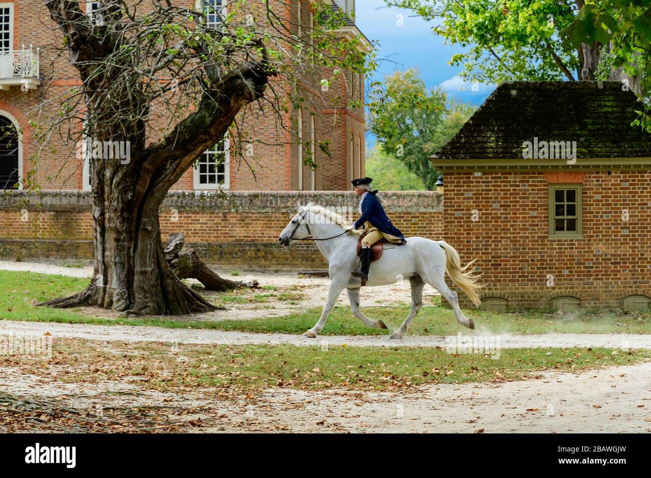 Costumed interpreter on horseback in Colonial Williamsburg Stock Photo ...