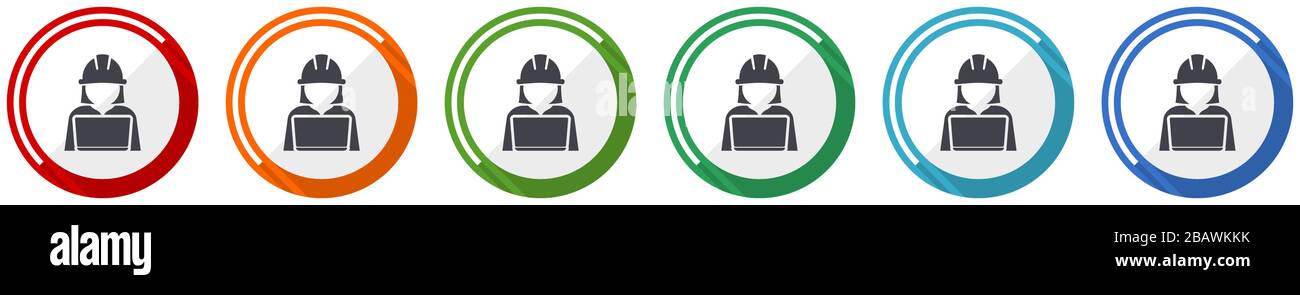 Engineer with laptop icon set, worker, manager flat design vector ...