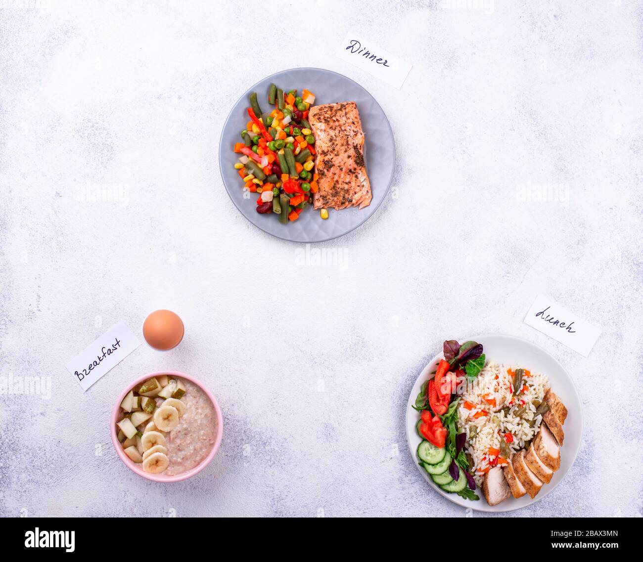 Breakfast, lunch and dinner. Day menu Stock Photo - Alamy