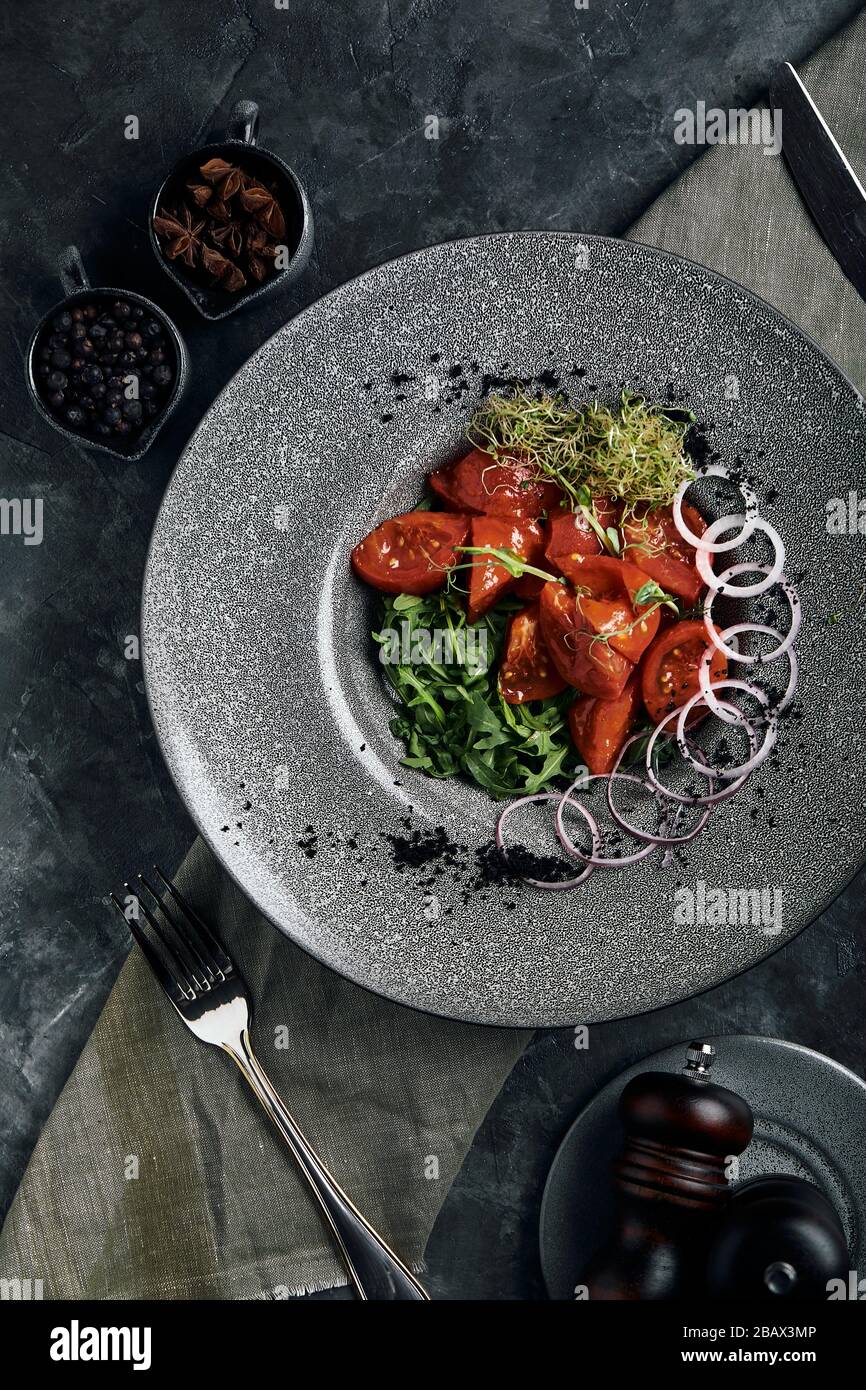 Tuna tagliata in vegetables stewed carrots and peppers, Beautiful ...