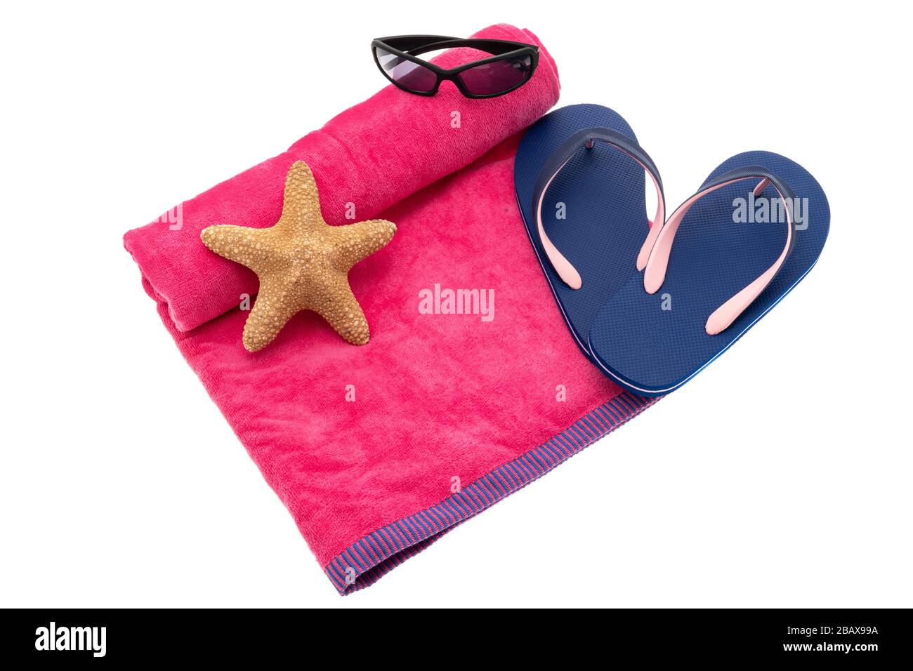 Pink Beach Towel with Flip Flops and Sunglasses - white background ...