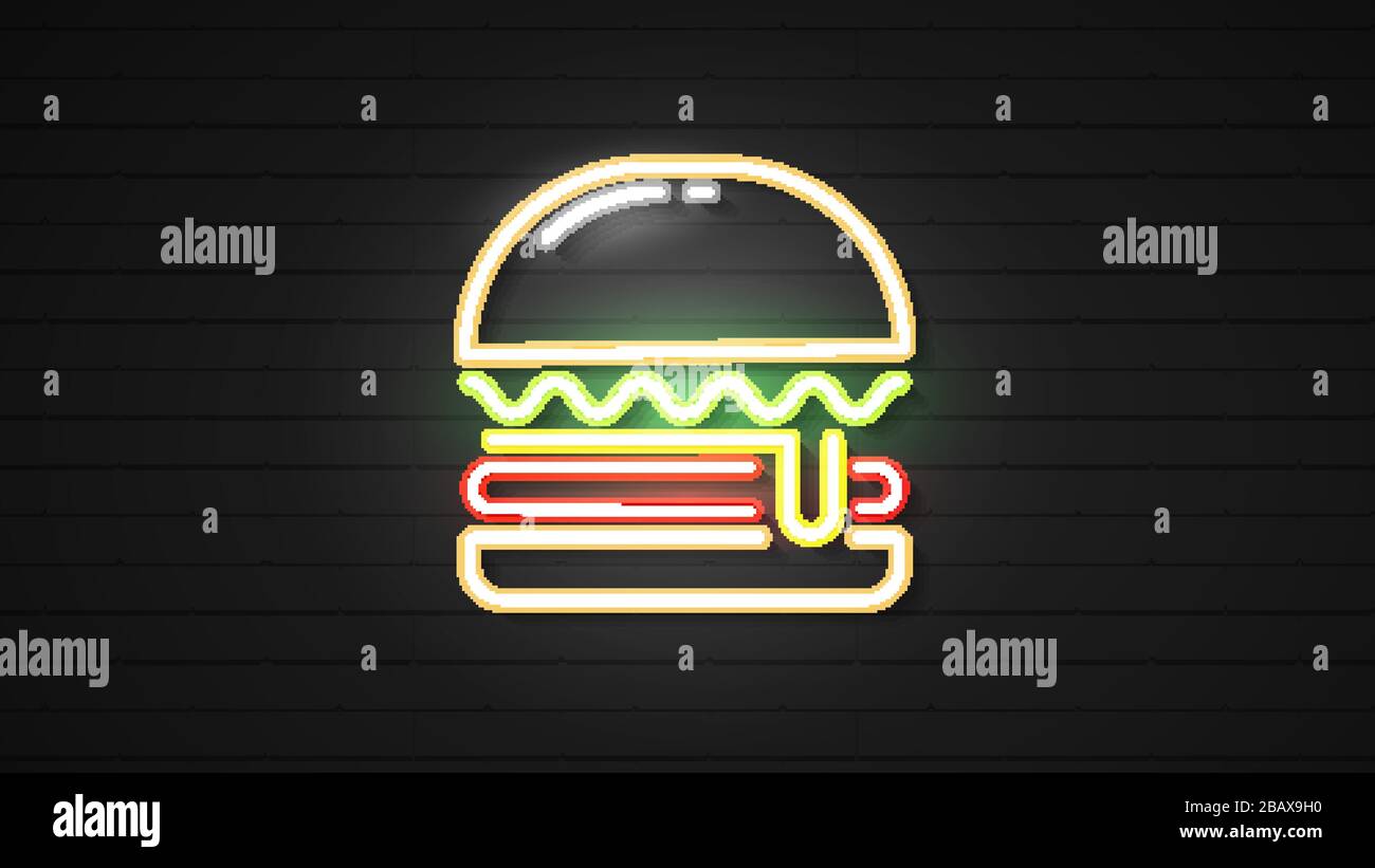 Neon Burger Sign Light Glowing With Hamburger Symbol Illustration Stock ...