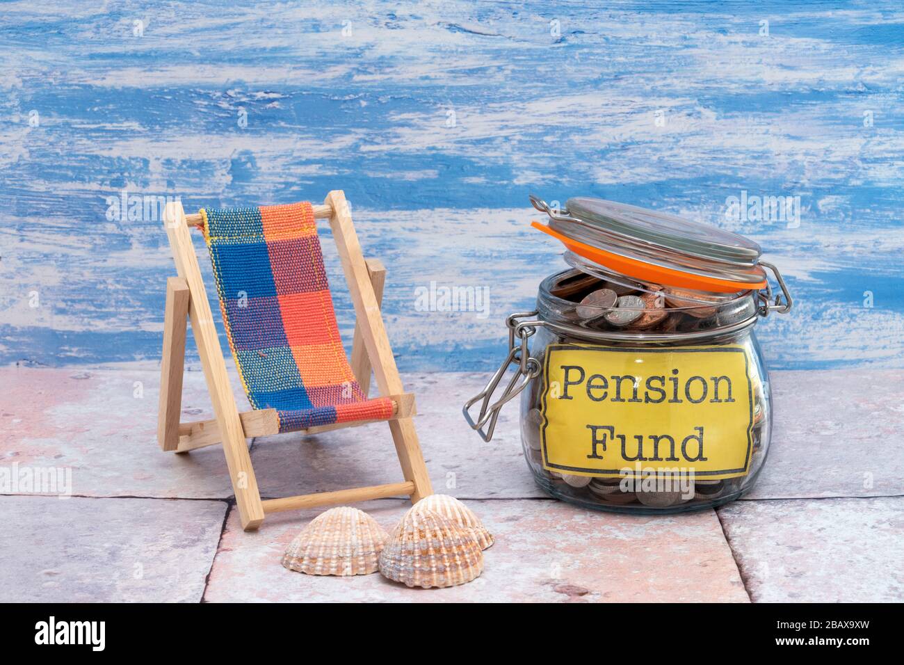 Full pension fund jar with a deck chair - travel concept Stock Photo ...