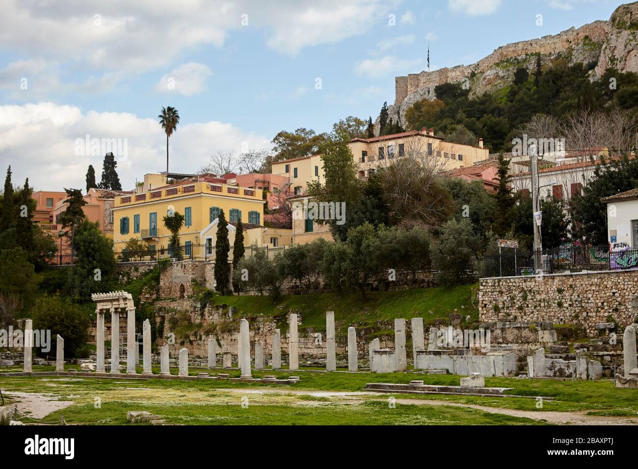 roman agora , plaka and acropolis hill , Athens greece Stock Photo - Alamy