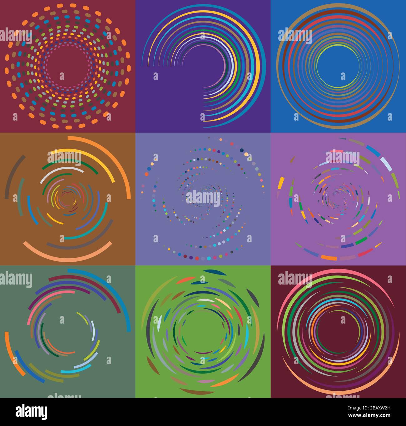 Set of mottled, multi color and colorful spiral, swirl, twirl shapes ...