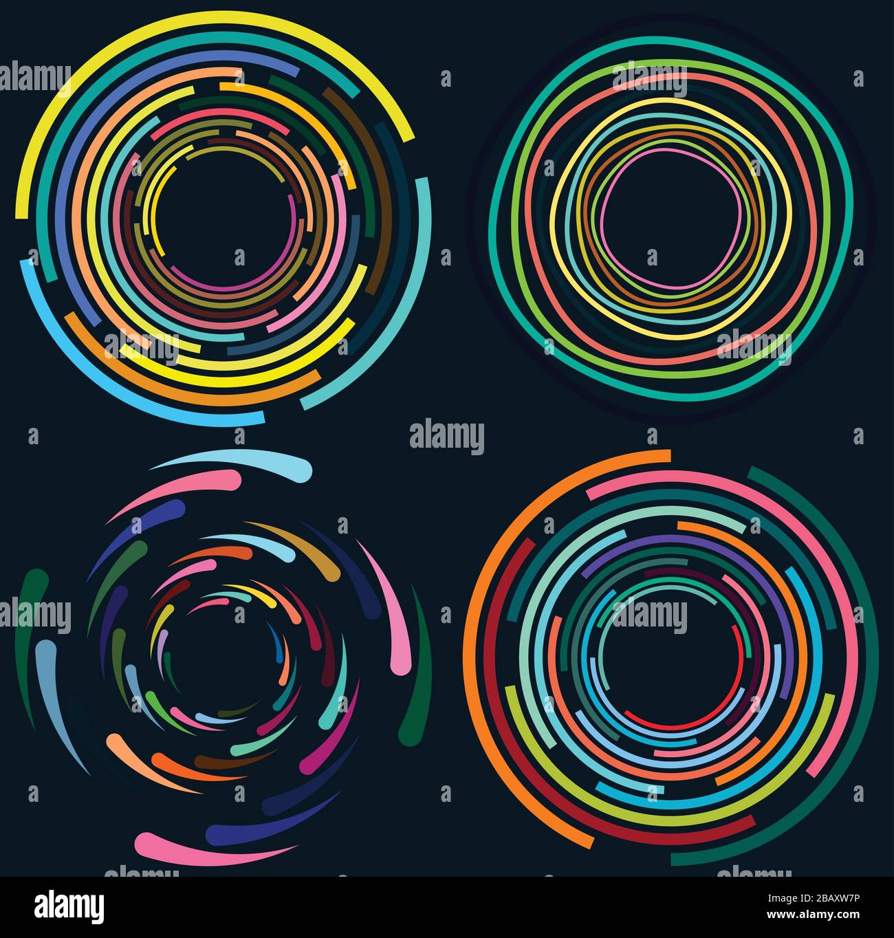 Set of mottled, multi color and colorful spiral, swirl, twirl shapes ...