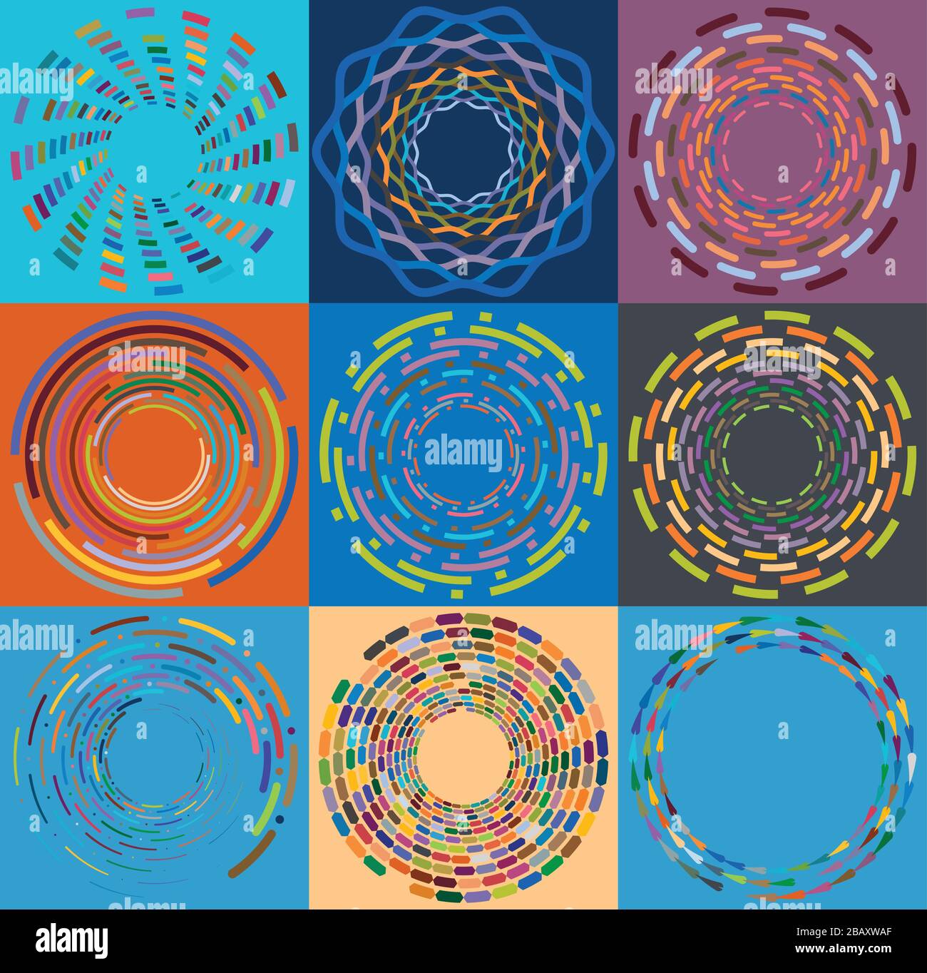 Set of mottled, multi color and colorful spiral, swirl, twirl shapes ...