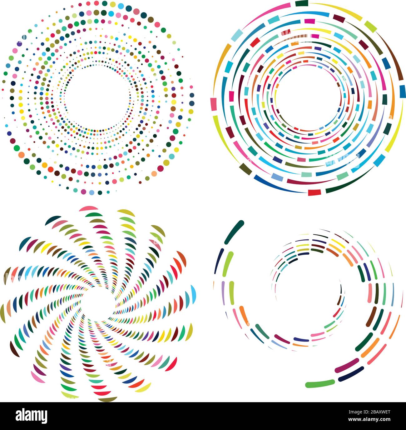 Set of mottled, multi color and colorful spiral, swirl, twirl shapes ...