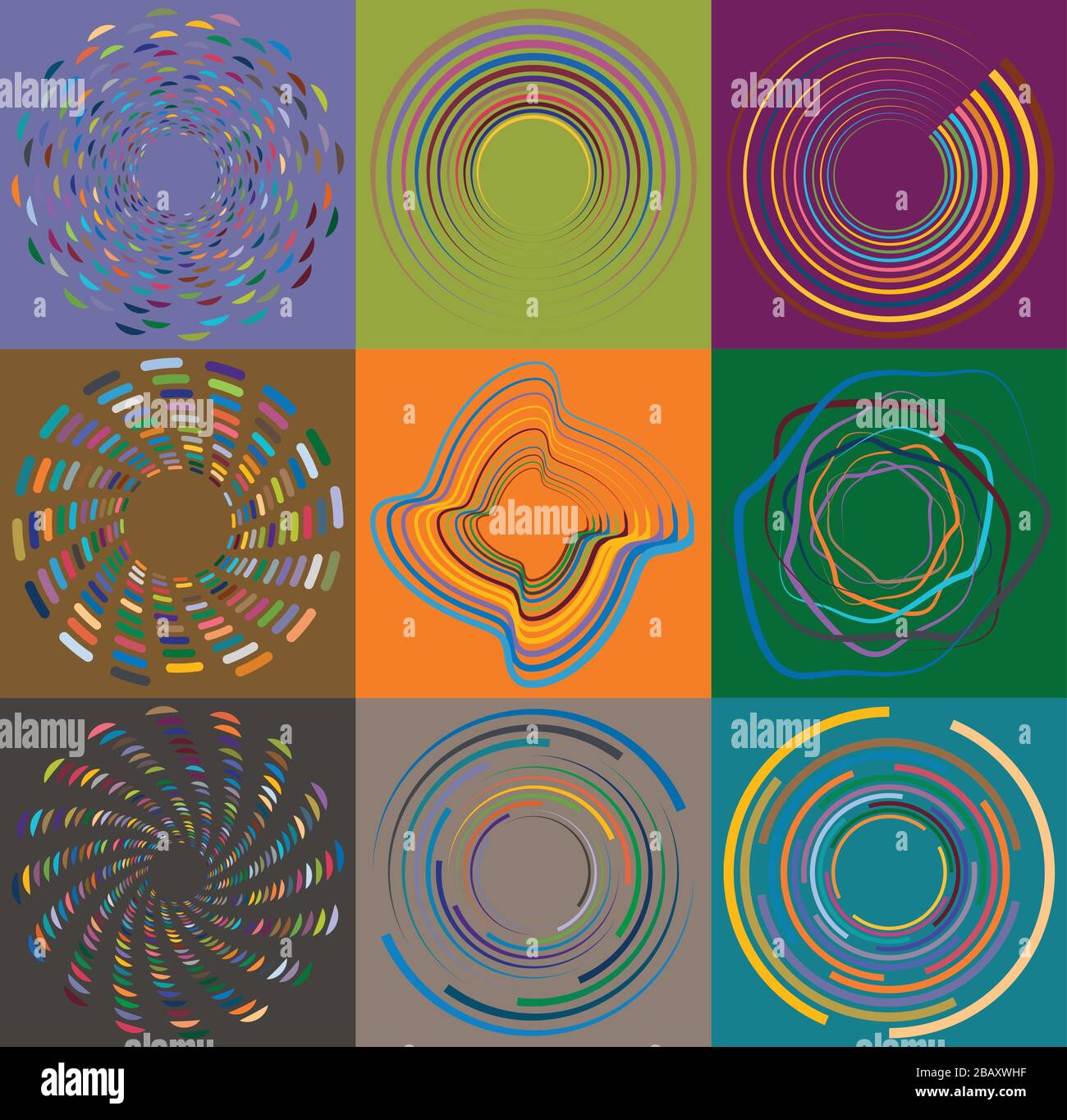 Set of mottled, multi color and colorful spiral, swirl, twirl shapes ...