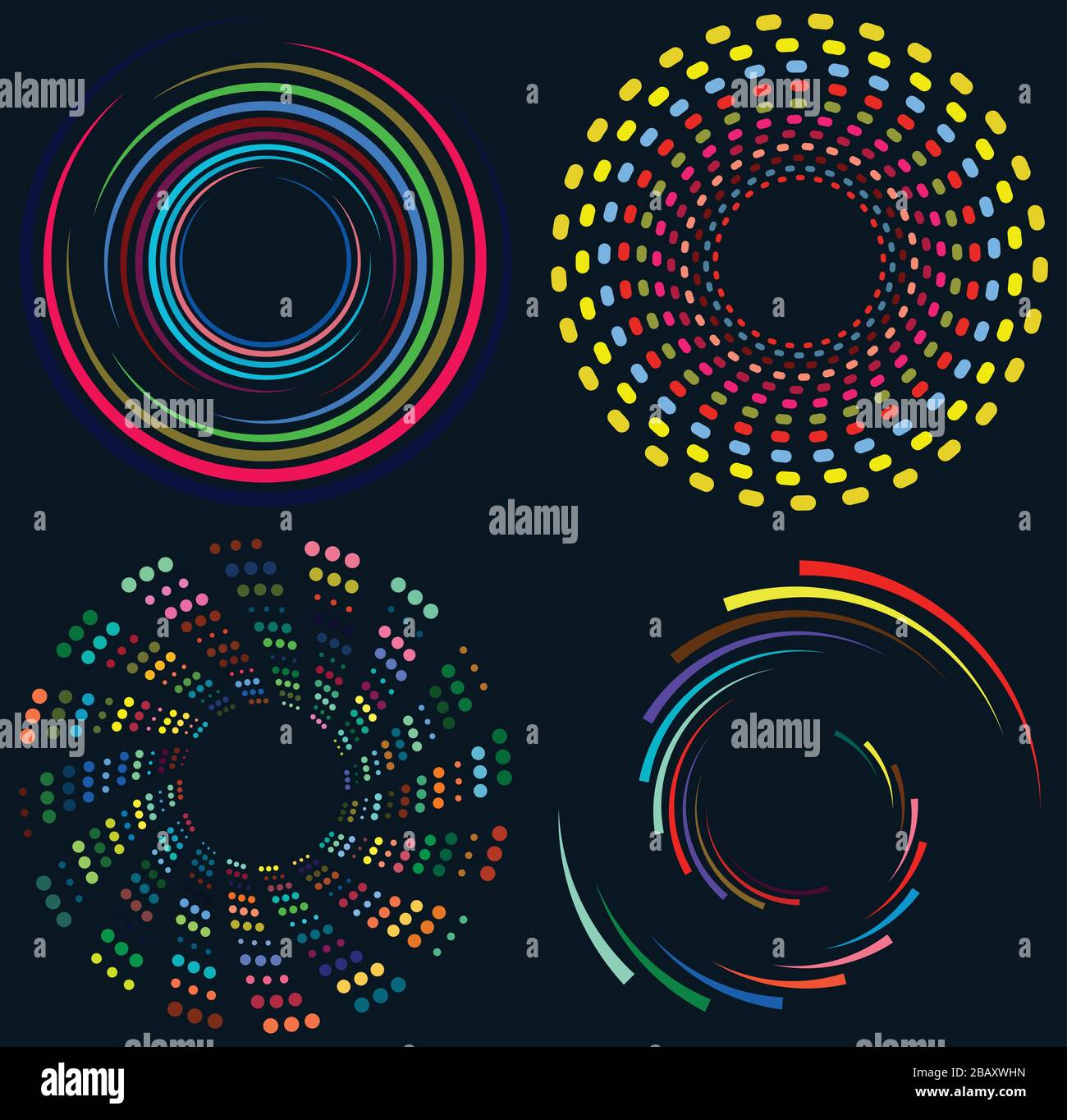 Set of mottled, multi color and colorful spiral, swirl, twirl shapes ...