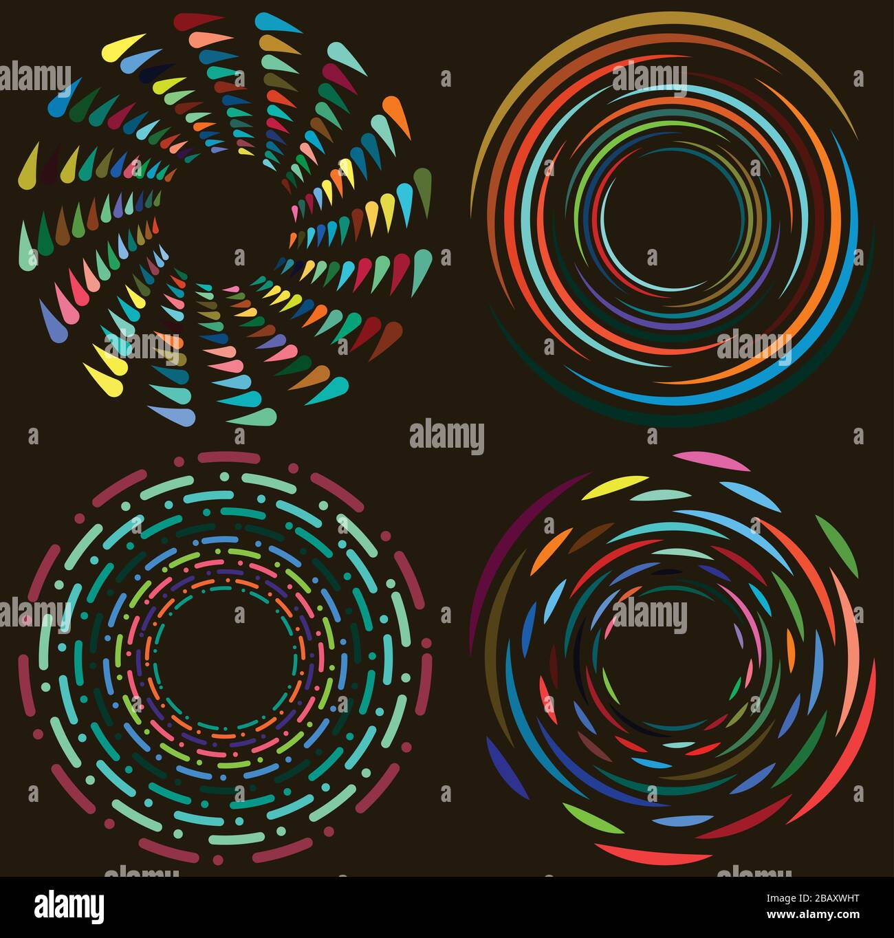 Set of mottled, multi color and colorful spiral, swirl, twirl shapes ...