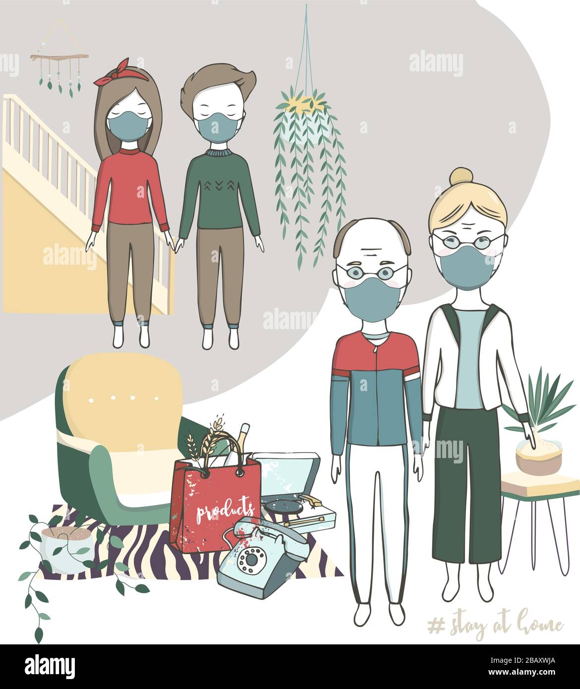 Coronavirus Covid-19, quarantine motivational poster. Family of adults ...