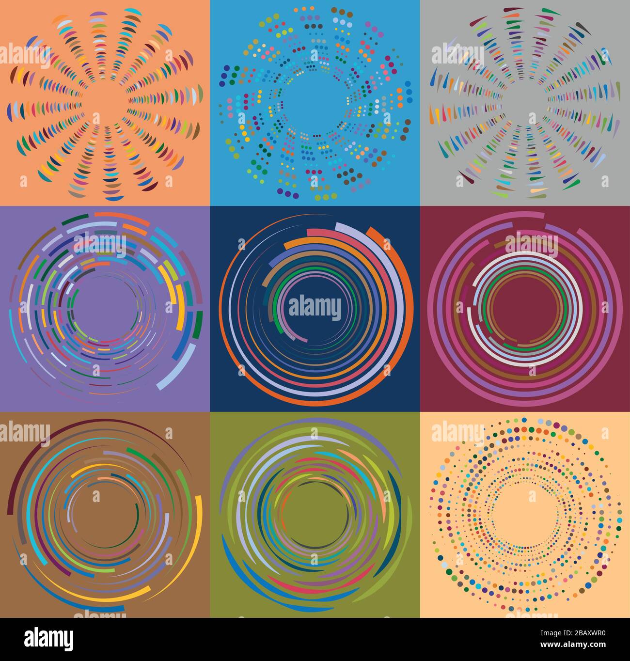Set of mottled, multi color and colorful spiral, swirl, twirl shapes ...