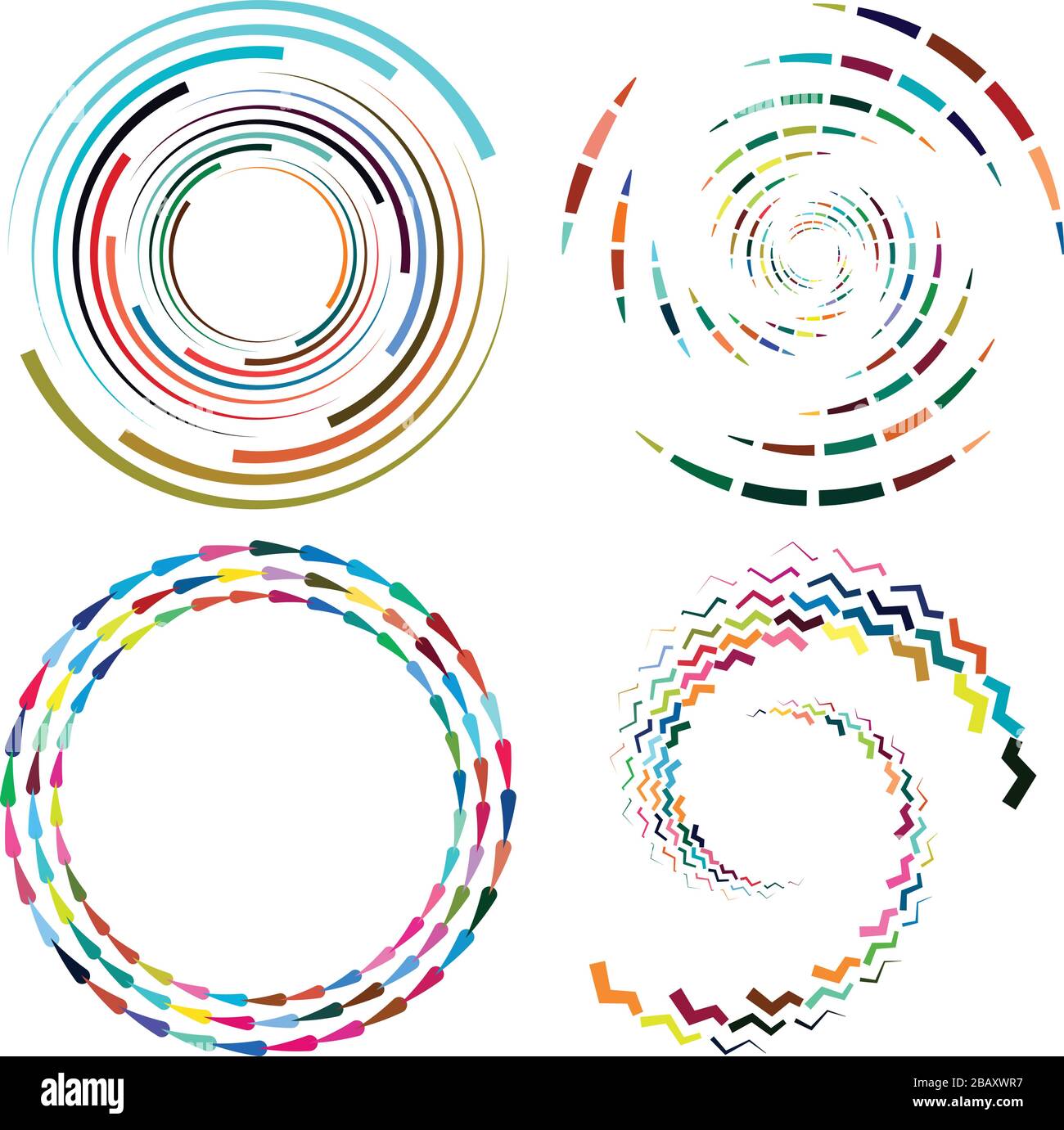 Set of mottled, multi color and colorful spiral, swirl, twirl shapes ...