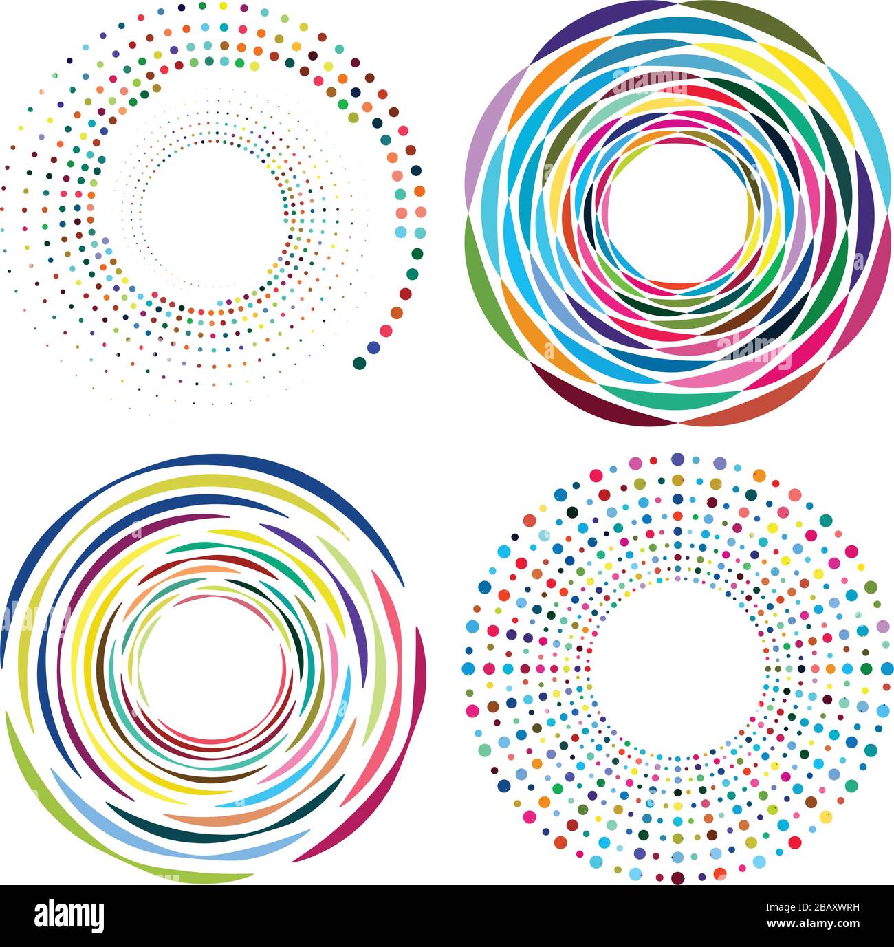 Set of mottled, multi color and colorful spiral, swirl, twirl shapes ...