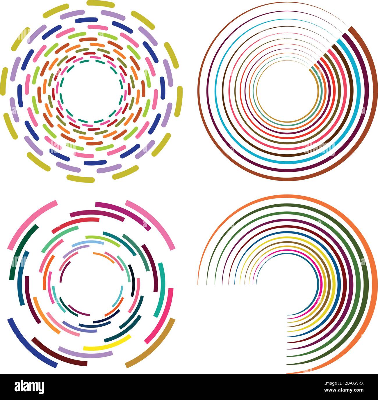 Set of mottled, multi color and colorful spiral, swirl, twirl shapes ...