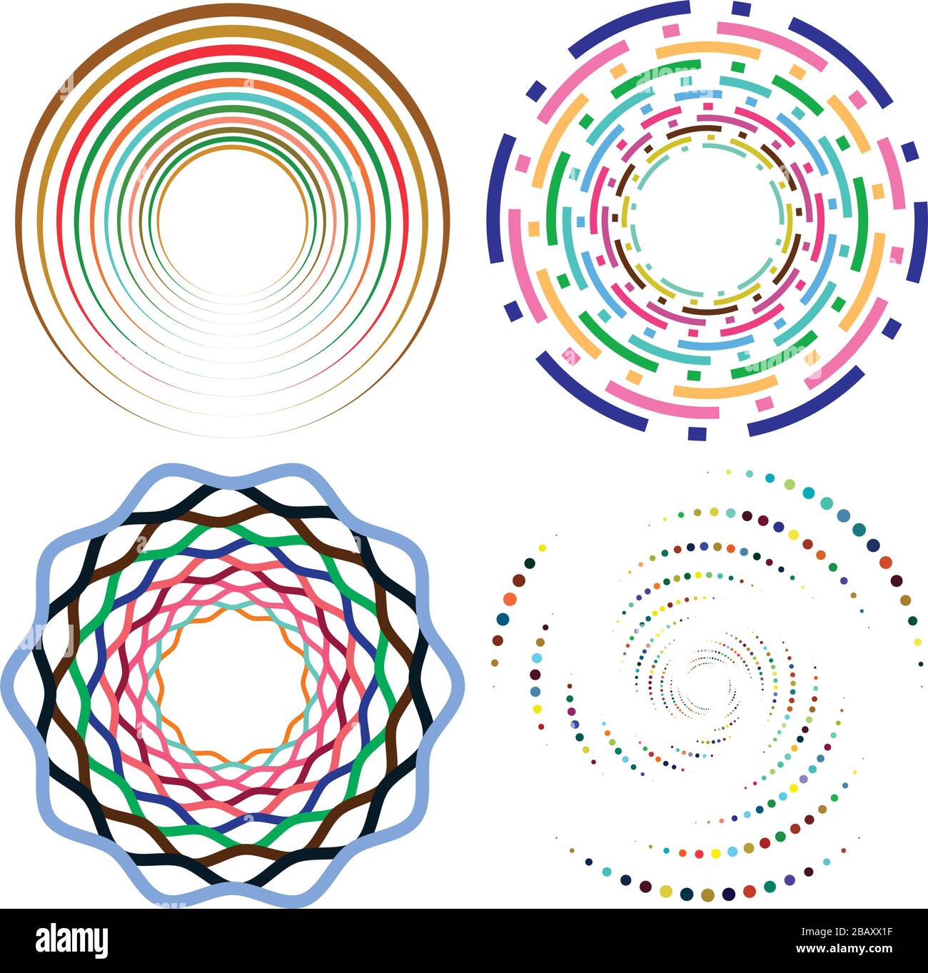 Set of mottled, multi color and colorful spiral, swirl, twirl shapes ...