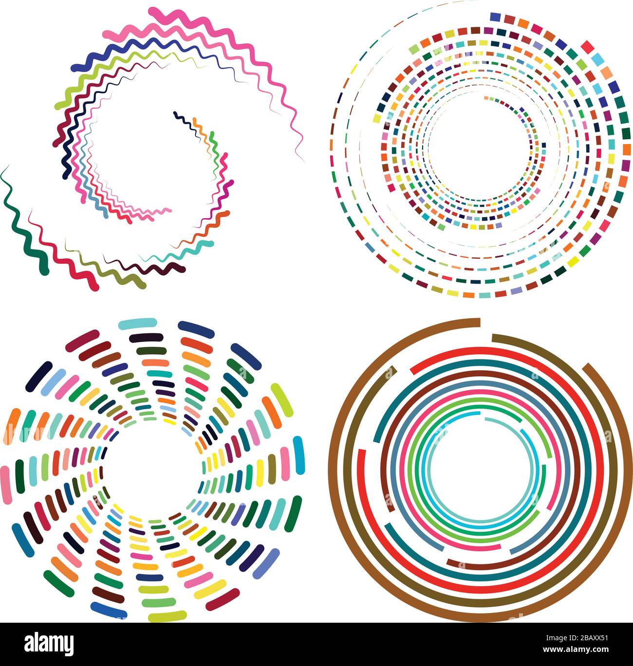 Set of mottled, multi color and colorful spiral, swirl, twirl shapes ...