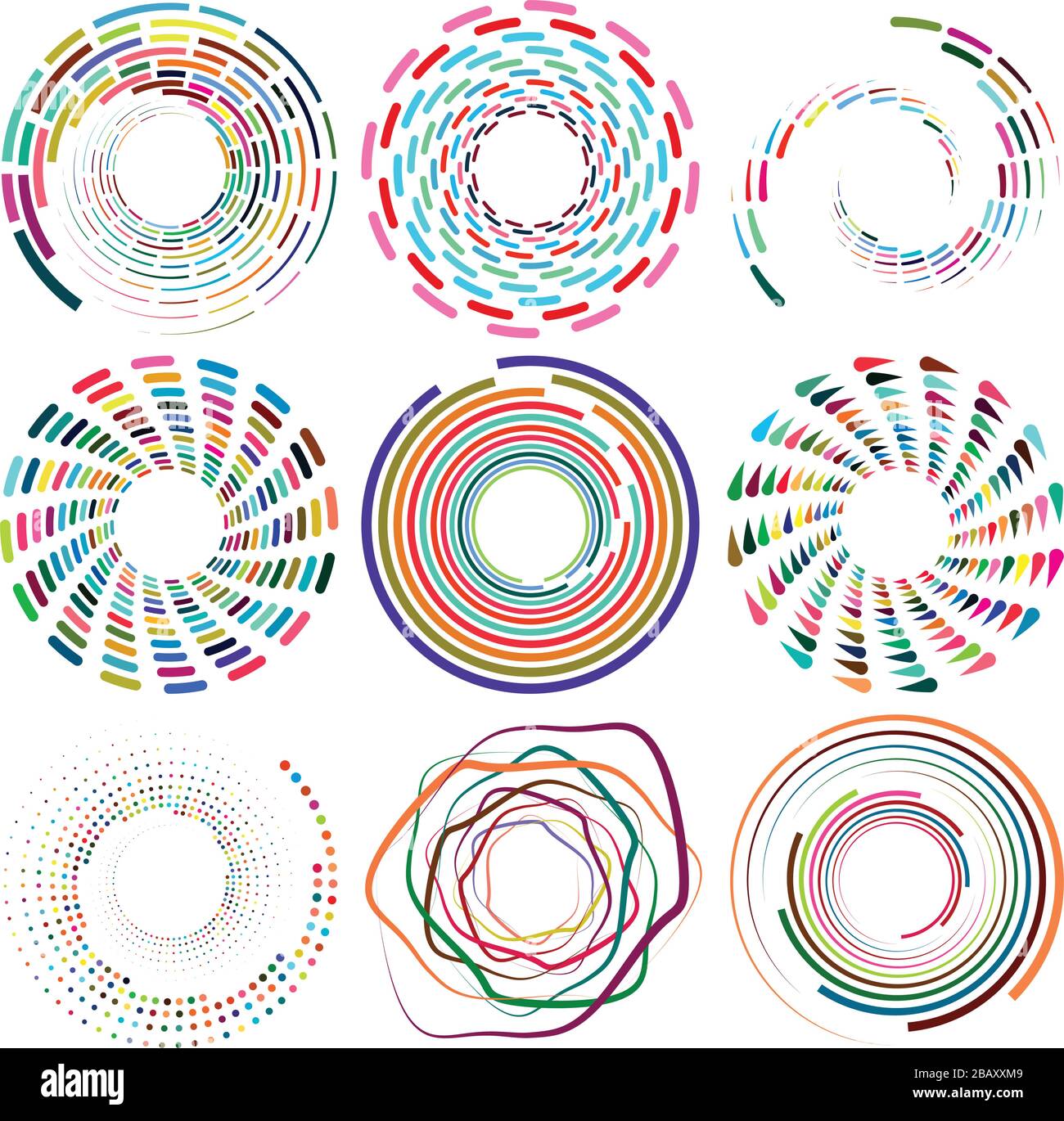 Set of mottled, multi color and colorful spiral, swirl, twirl shapes ...