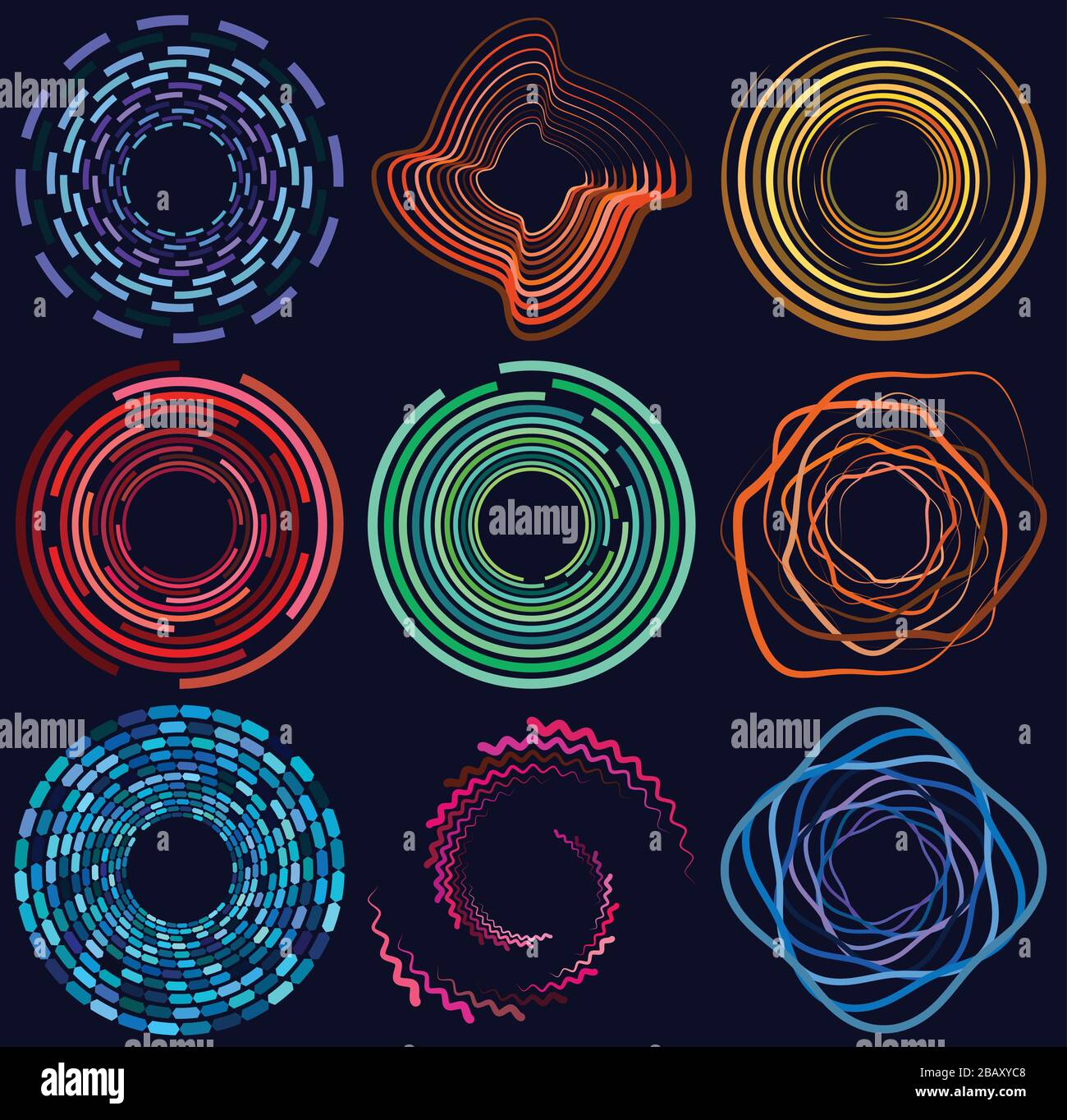 set of colorful, multicolor and monochrome cyclic, cycle concentric ...