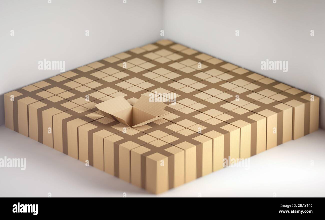 One open delivery packaging box among closed boxes concept, 3d ...