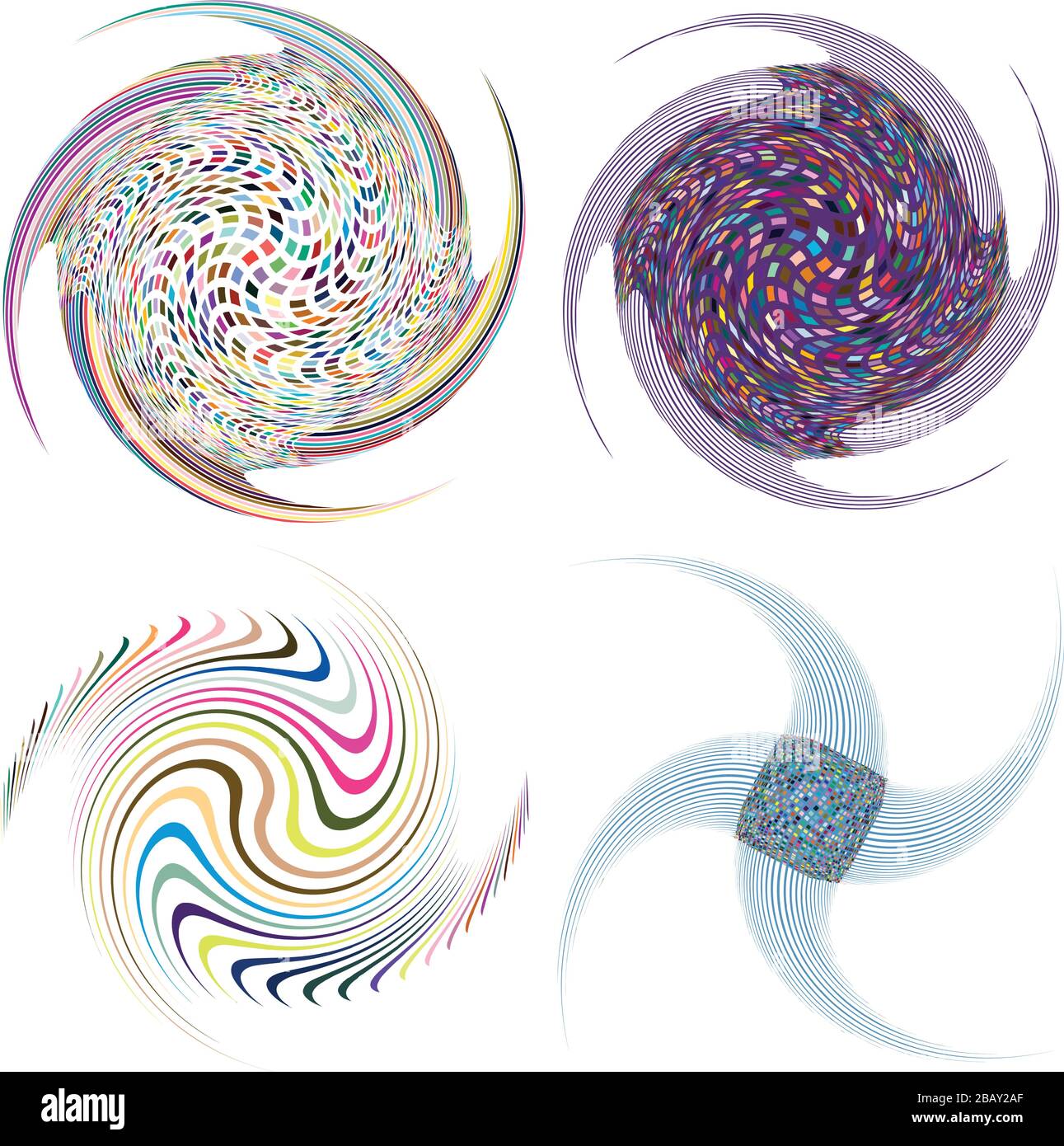 Set of mottled, multi color and colorful spiral, swirl, twirl shapes ...