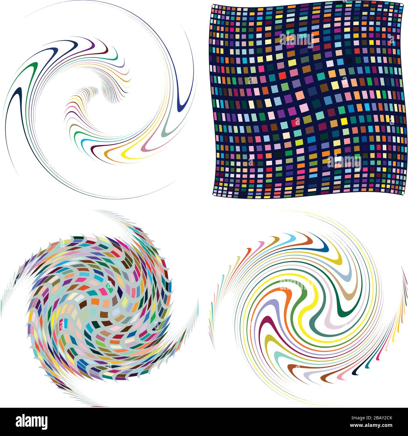 Set of mottled, multi color and colorful spiral, swirl, twirl shapes ...
