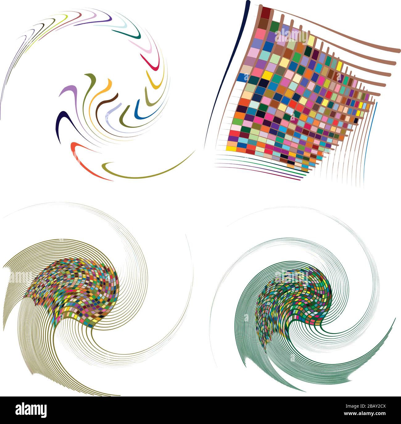 Set of mottled, multi color and colorful spiral, swirl, twirl shapes ...