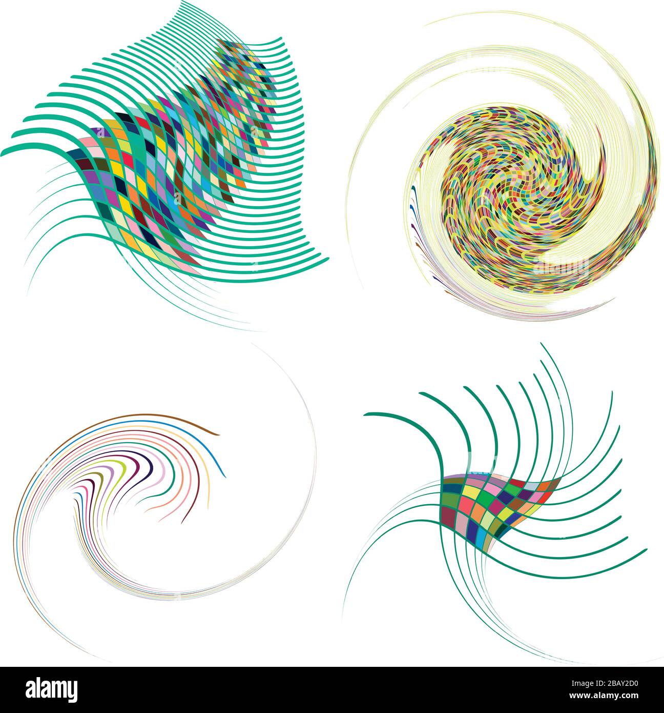 Set of mottled, multi color and colorful spiral, swirl, twirl shapes ...
