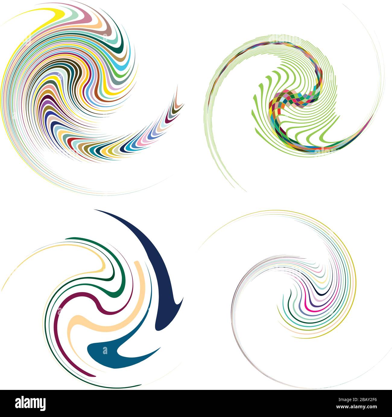 Set of mottled, multi color and colorful spiral, swirl, twirl shapes ...