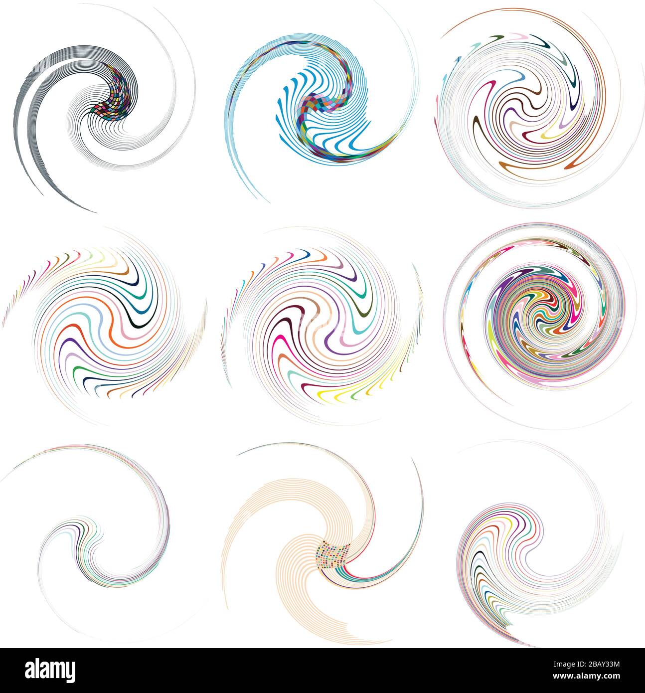 Set of mottled, multi color and colorful spiral, swirl, twirl shapes ...