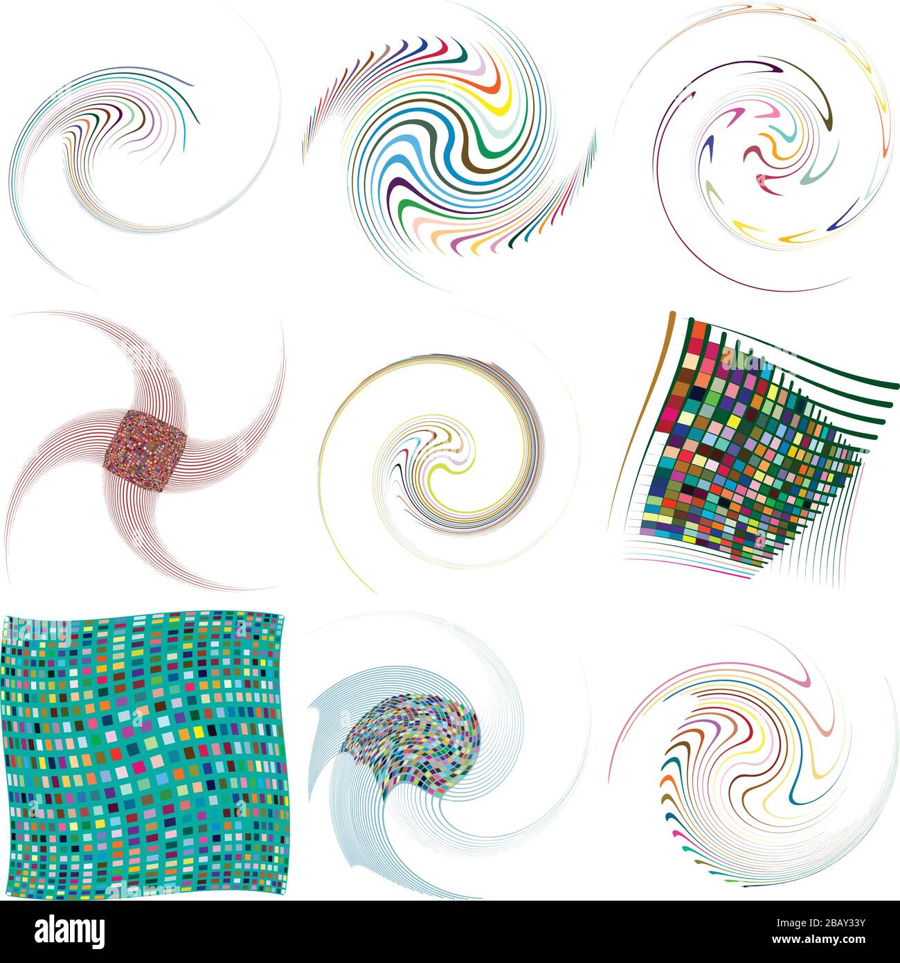 Set of mottled, multi color and colorful spiral, swirl, twirl shapes ...