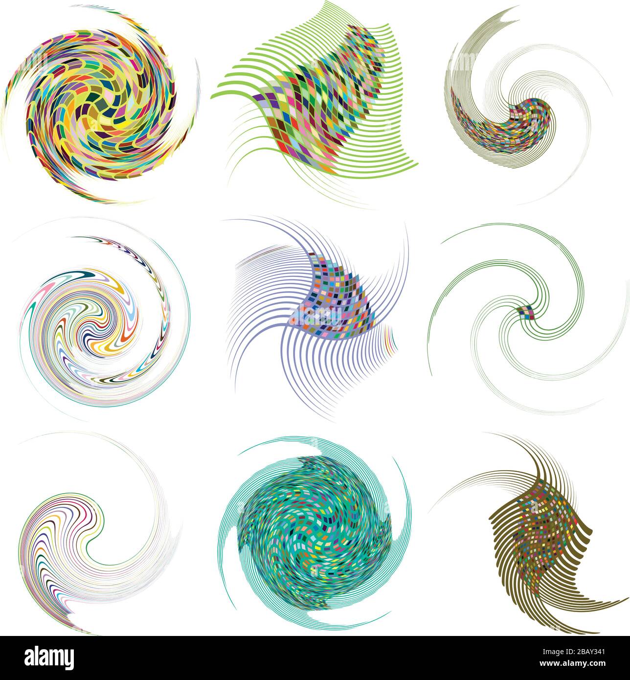 Set of mottled, multi color and colorful spiral, swirl, twirl shapes ...