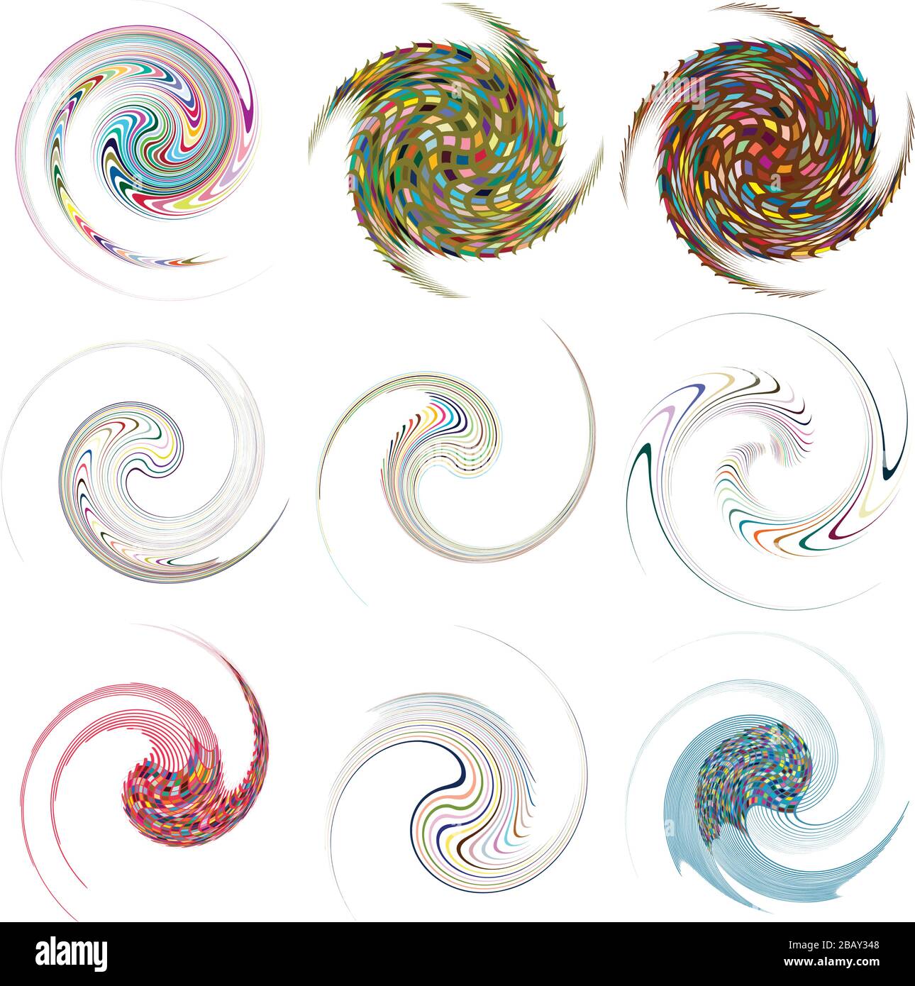 Set of mottled, multi color and colorful spiral, swirl, twirl shapes ...
